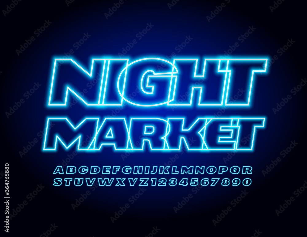 Vector bright poster Night Market. Blue Neon Alphabet Letters and ...