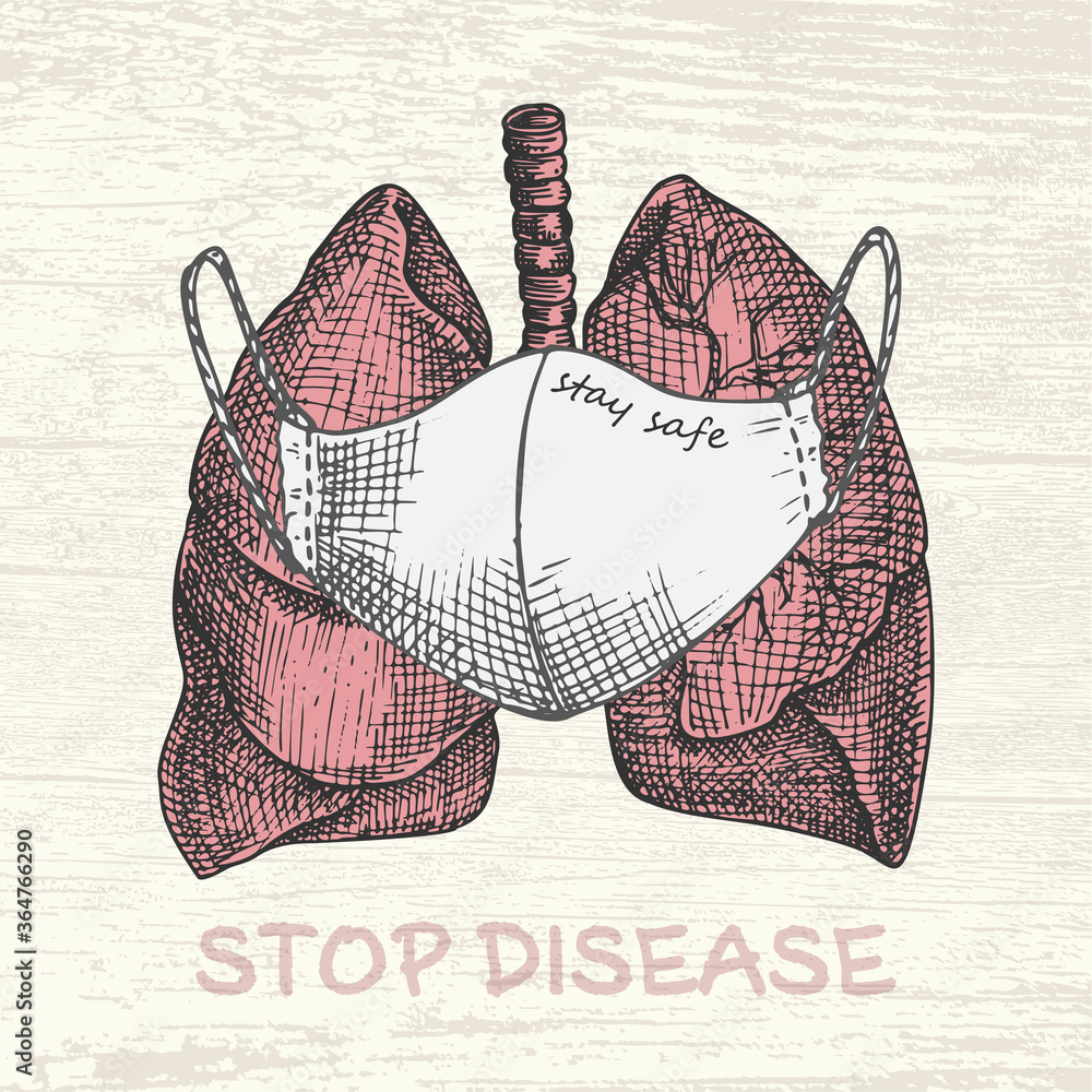 Lungs with medical mask Diary page Realistic hand-drawn human internal ...