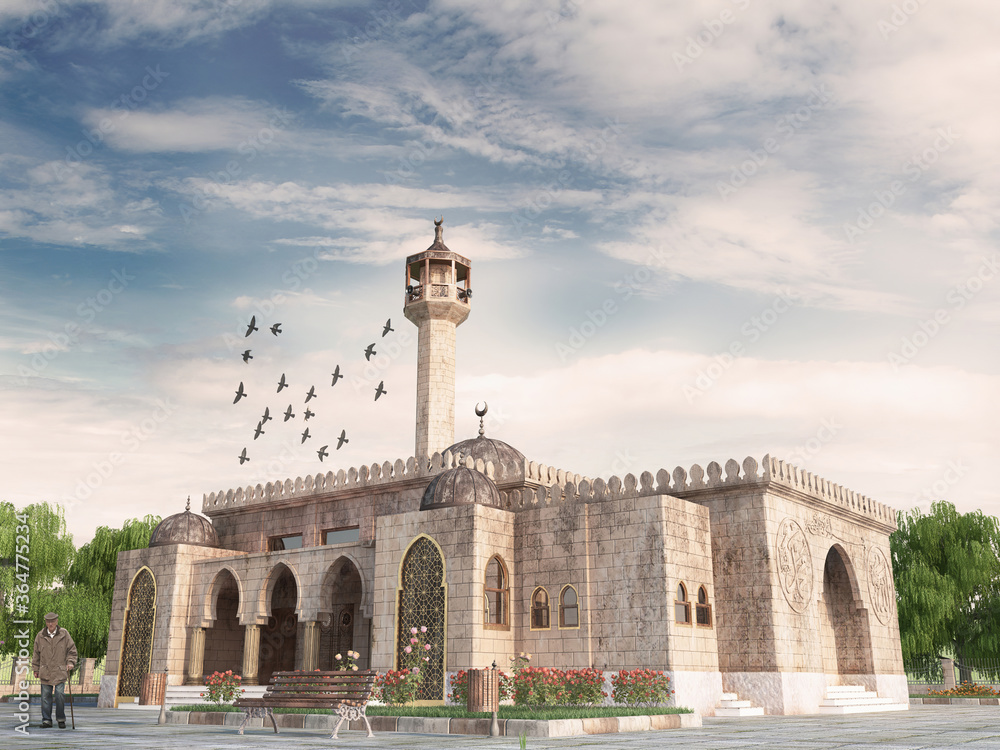 Islamic architectural mosque design. Old man praying from the old stone ...