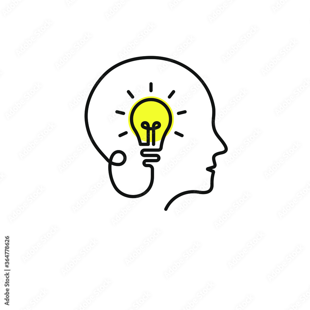 Human head with bulb. Creating a new idea icon. Innovation symbol ...