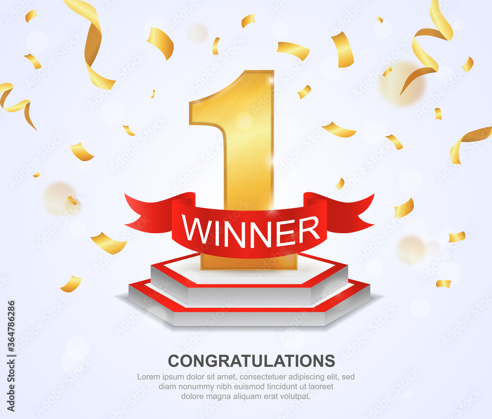Winner concept with gold number 1 championship trophy with red banner ...