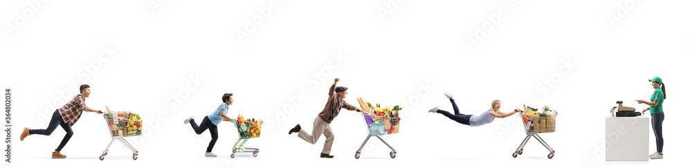 Line of people in a supermarket running to the cash register with ...