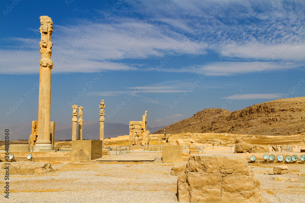 Ruins of Apadana and Tachara Palace behind stairway with bas relief ...