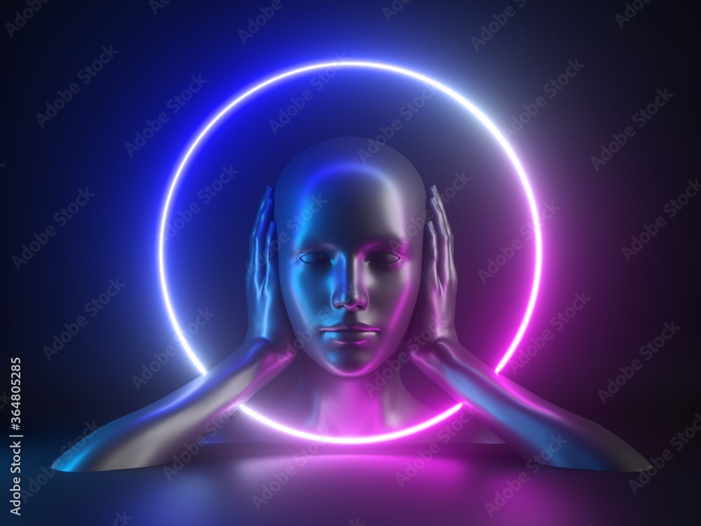 3d render, abstract neon background with human body parts. Female ...