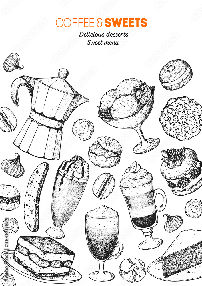 Coffee shop menu design. Hand drawn sketch illustration. Coffee, tea ...