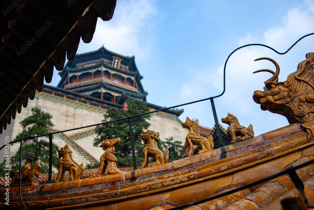 A view on Chinese ridge sculptures used at the roofs of the buildings ...