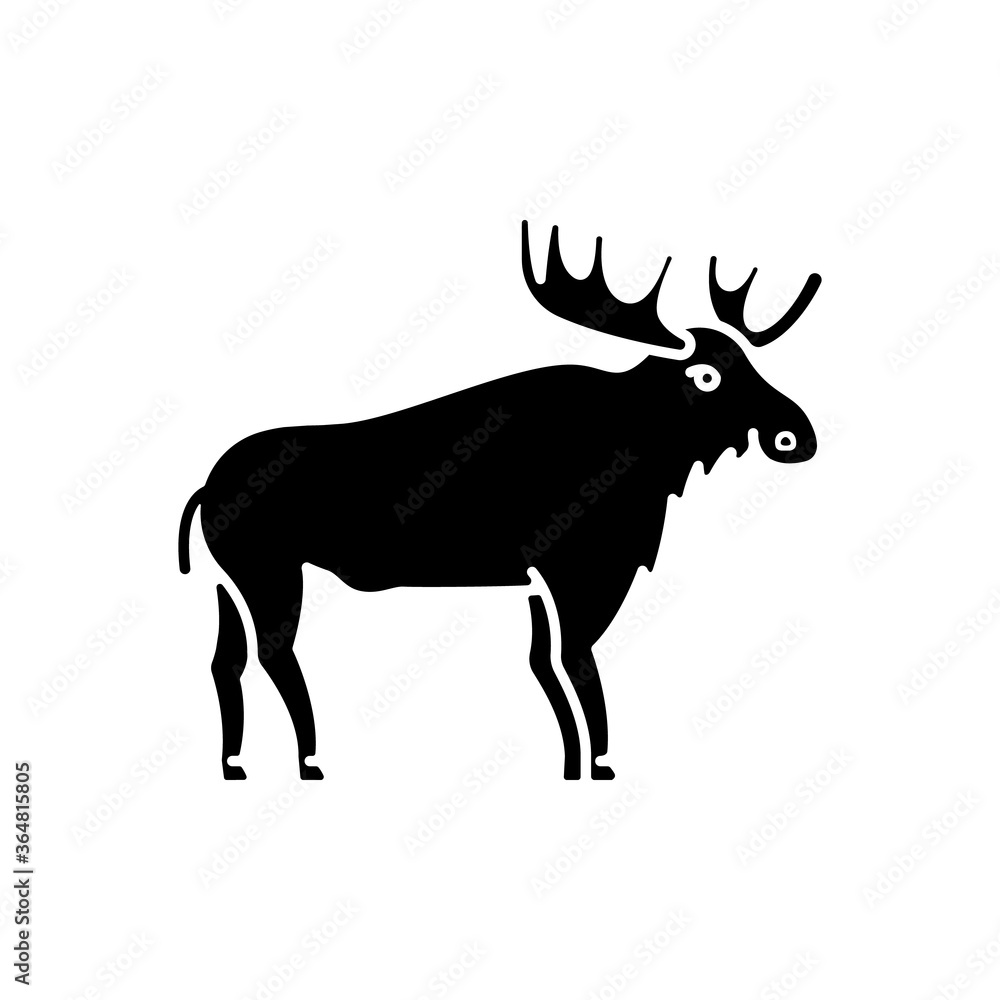 Elk black glyph icon. Hoofed ruminant animal with large antlers ...