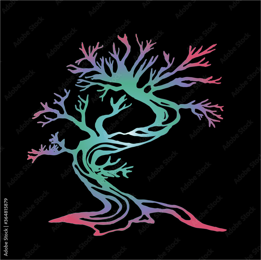 Color illustration of a running tree with a spiral ornament. The roots ...
