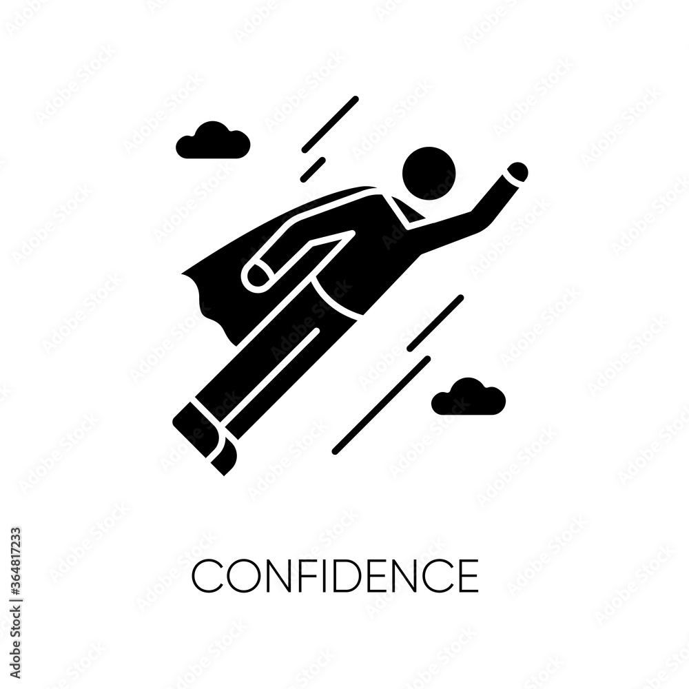 Confidence black glyph icon. Self confidence, positive mindset, determination silhouette symbol ...