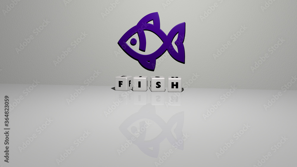3D graphical image of fish vertically along with text built by metallic ...