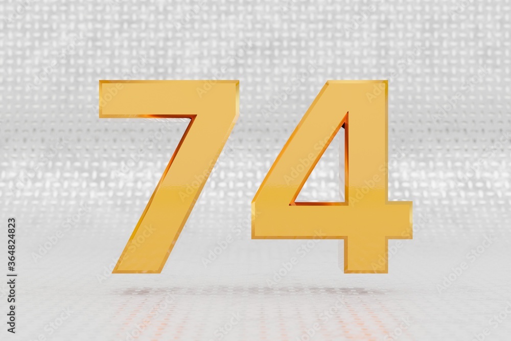 Yellow 3d number 74. Glossy yellow metallic number on metal floor ...
