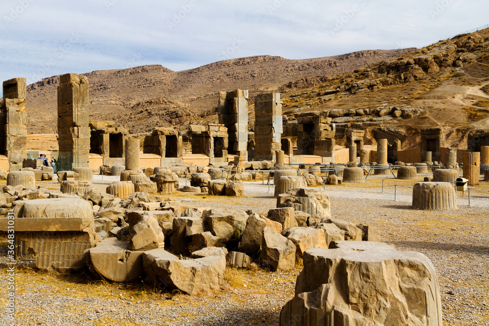 Ruins of Apadana and Tachara Palace behind stairway with bas relief ...