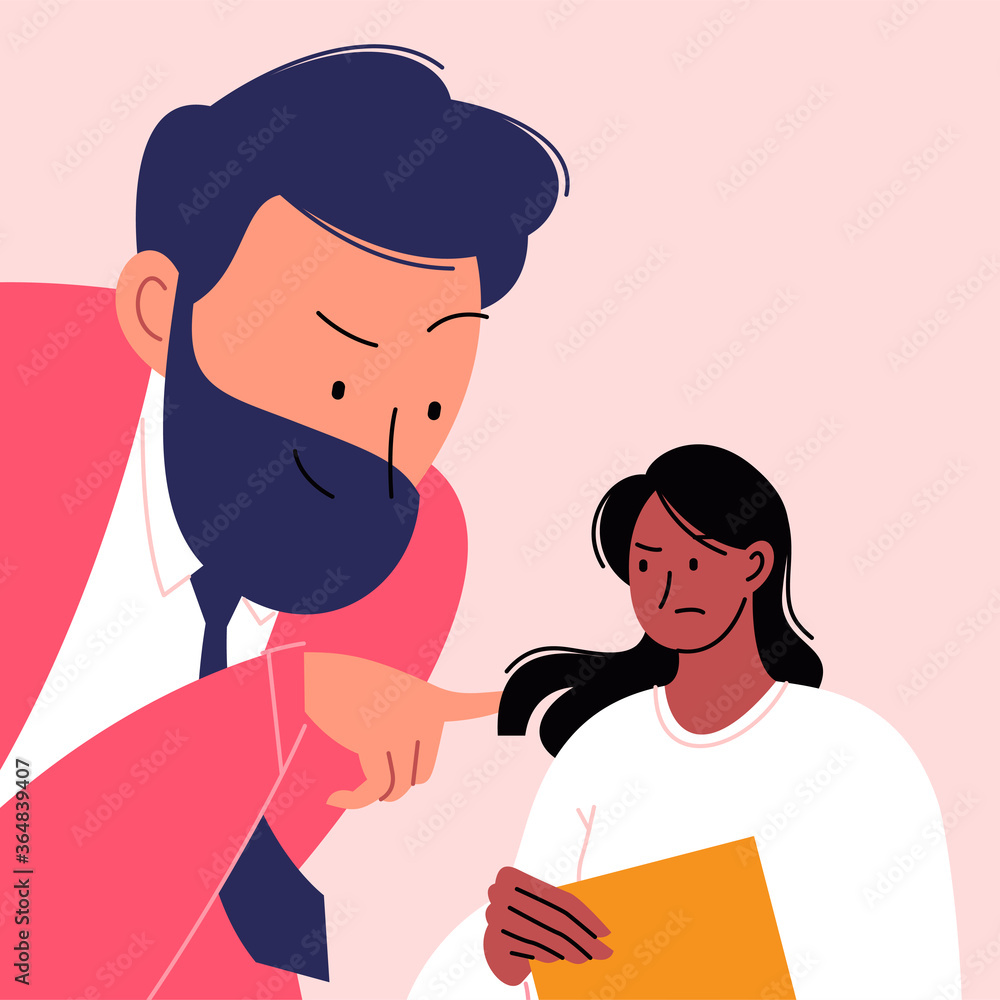 Harassment at work. A boss touching his female employee at the office ...