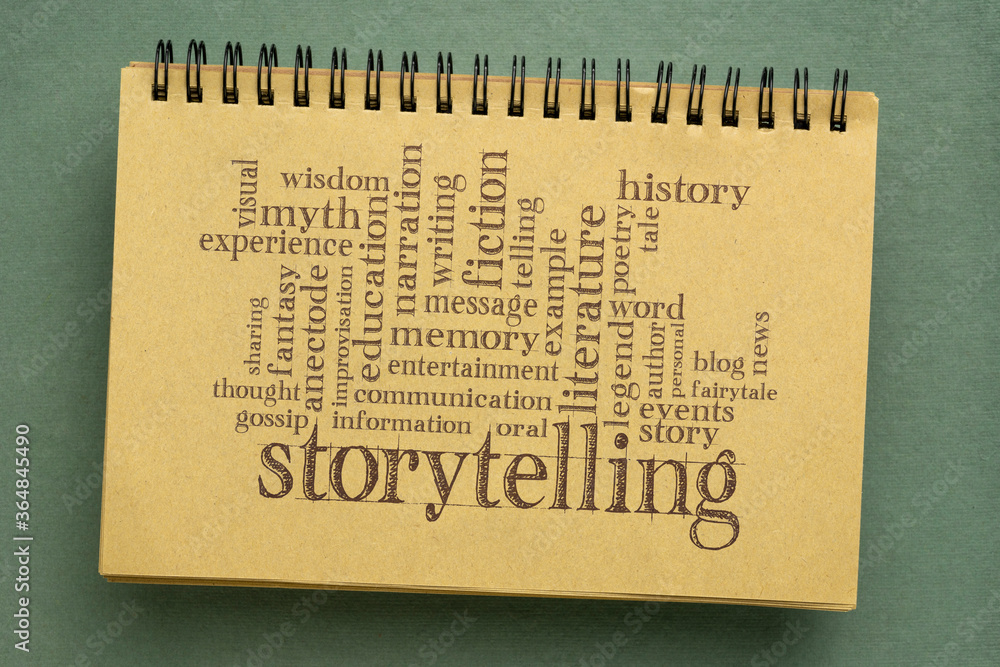 story and storytelling word cloud in a spiral sketchbook, culture ...