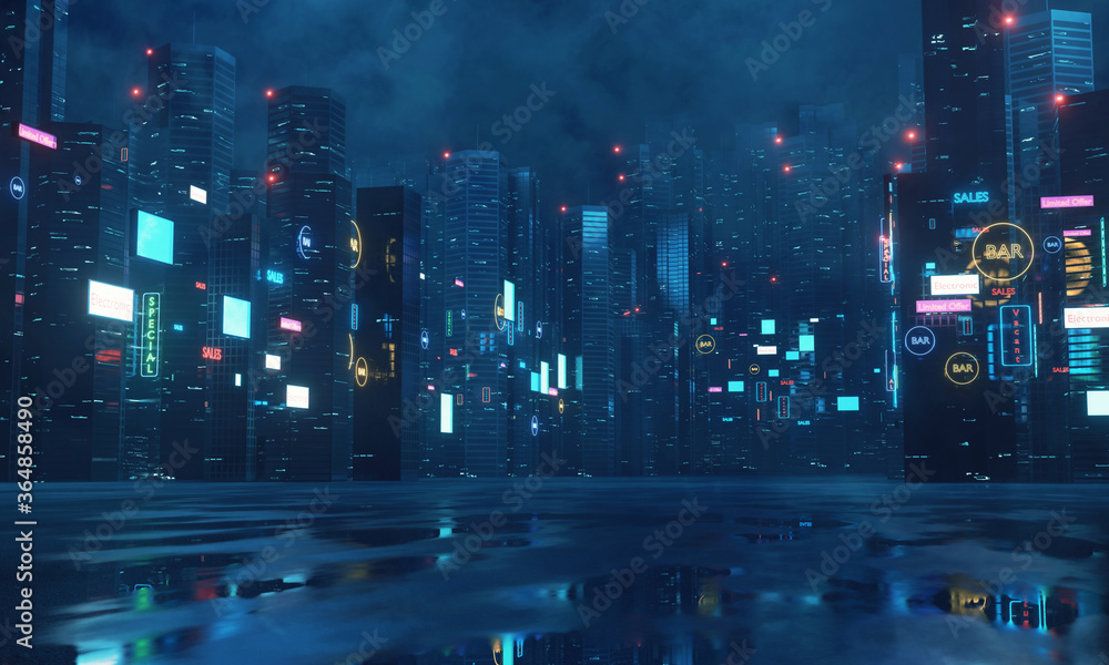 3D Rendering of billboards and advertisement signs at modern buildings ...