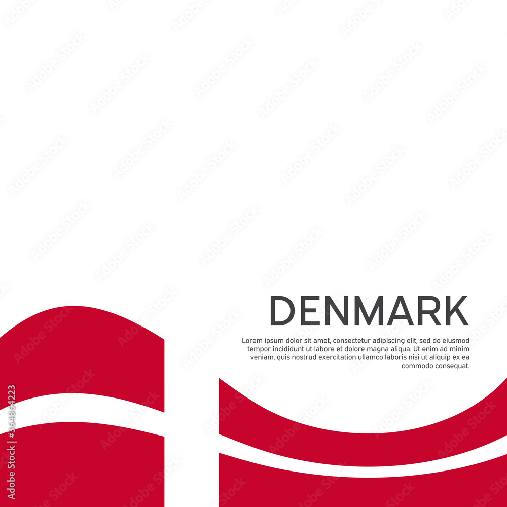 Flag of Denmark on a wavy white background. National poster design ...