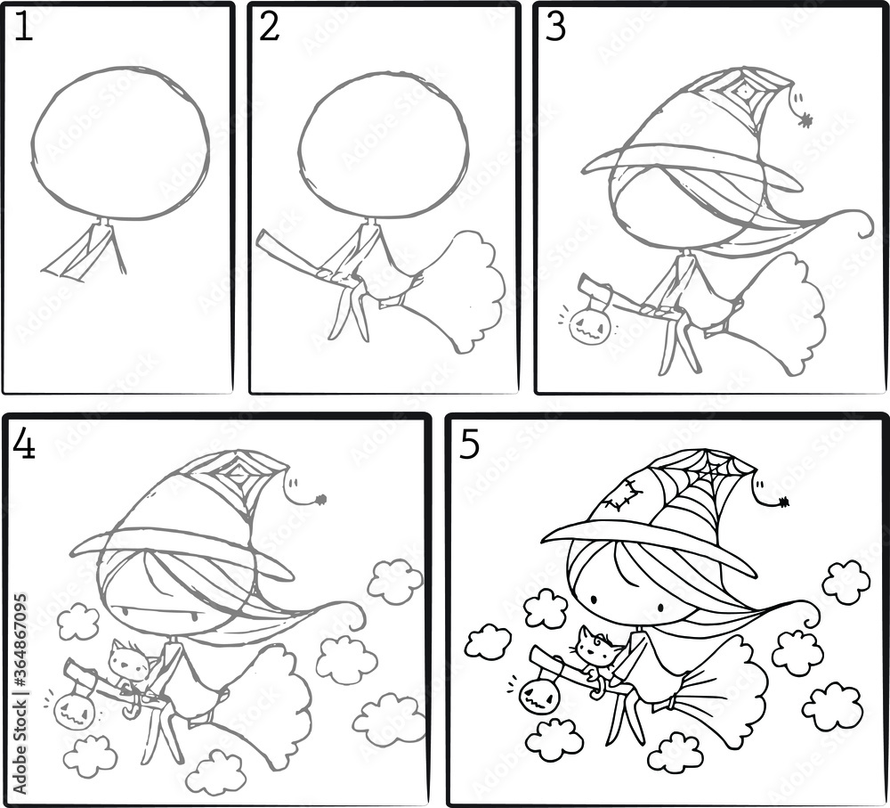 vector cartoon how to drawing witch Stock Vector | Adobe Stock