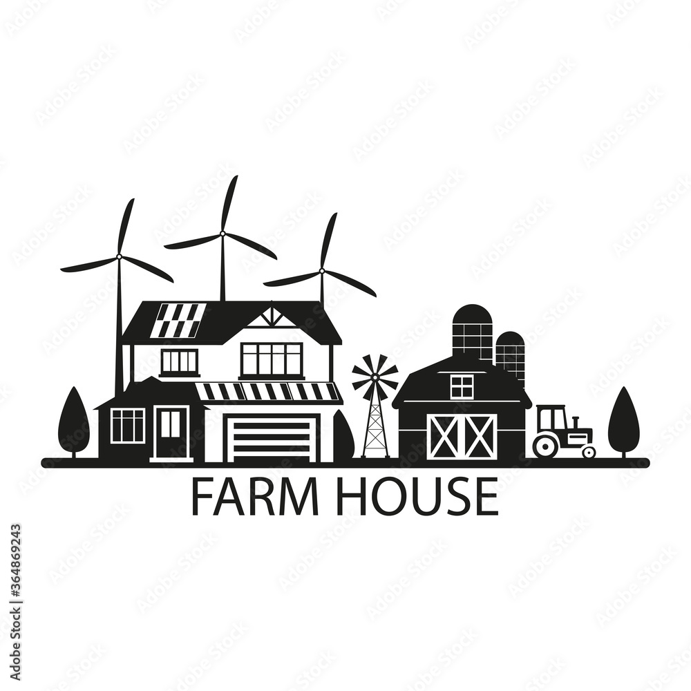 eco-farm icons, residential building and a barn with grain towers and a ...