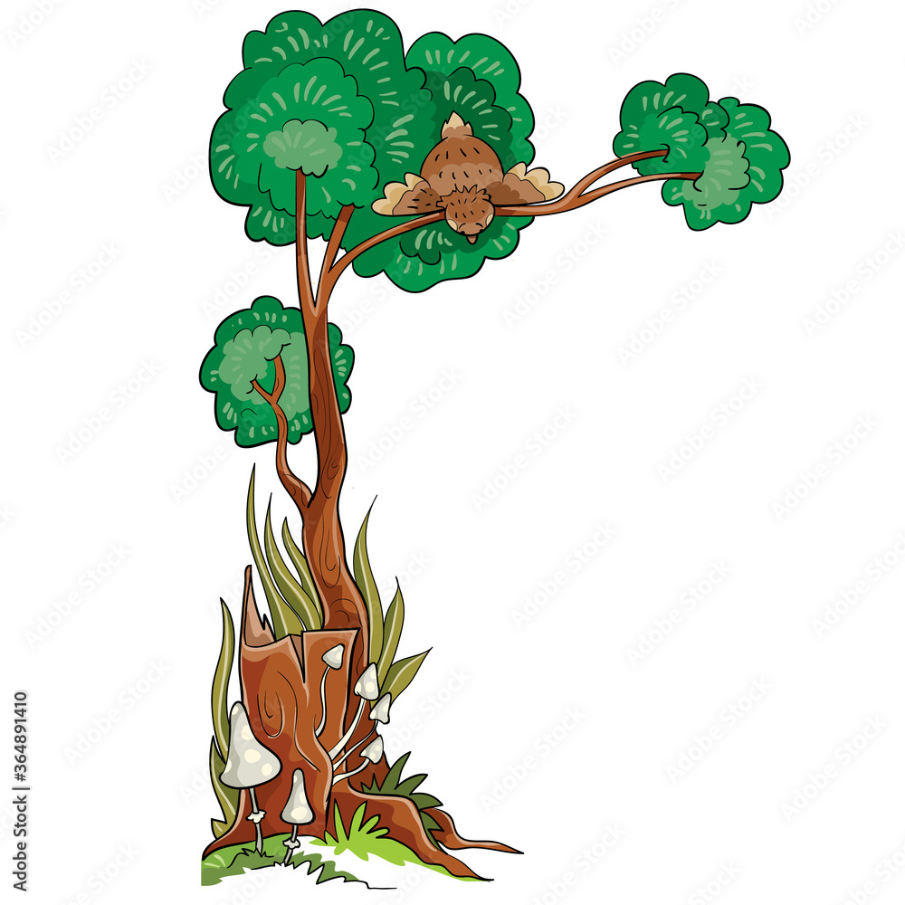 next to an old stump a tree grows in the crown of which a bird sits and ...