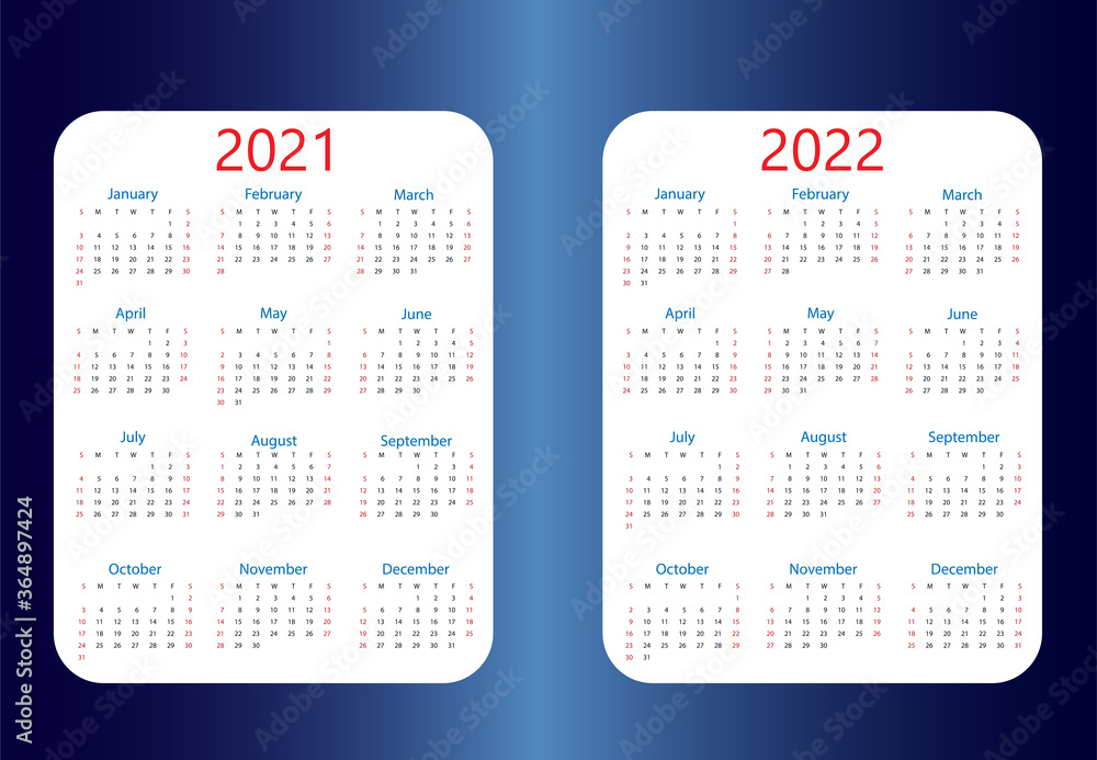 2021, 2022 calendar, week starts Sunday. Vector illustration, flat ...
