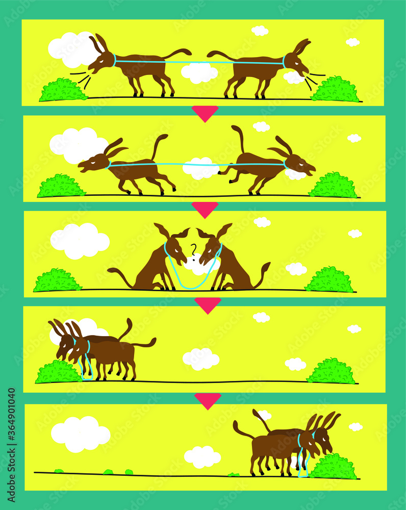 Team building concepts donkeys got success of eating foods by working ...