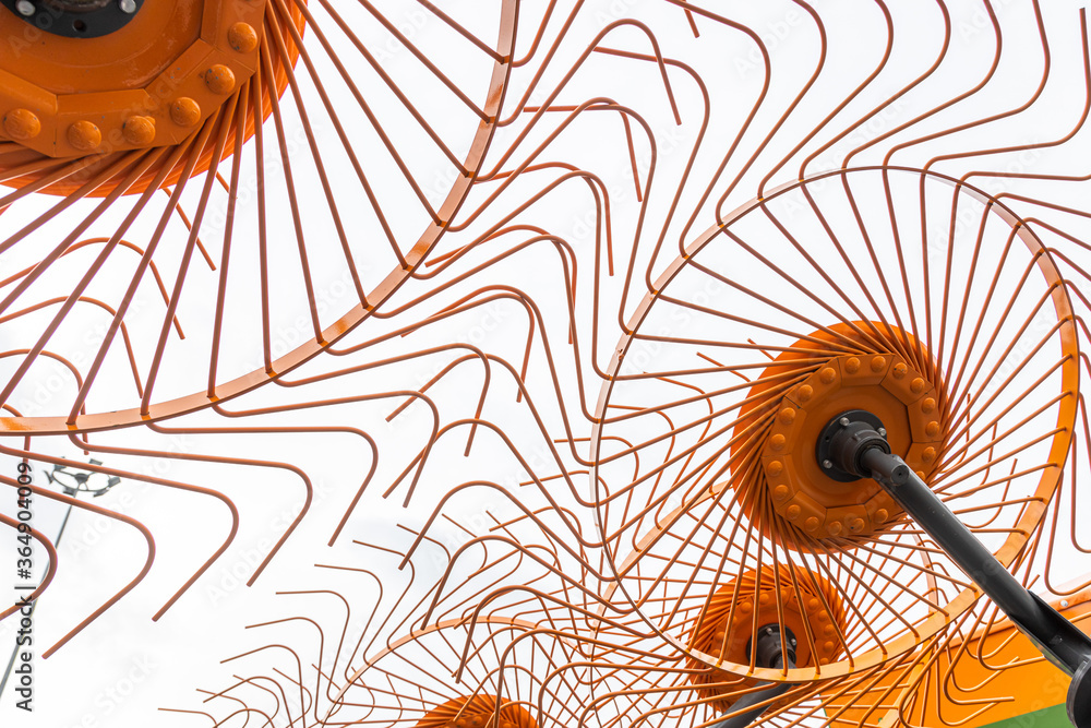 Agrarian technique. Close-up of parts of machine mechanisms. automatic ...