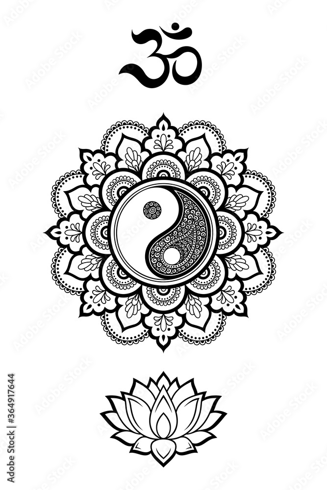 Set of Eastern ethnic religious symbols. Mandala with Yin Yang, OM ...