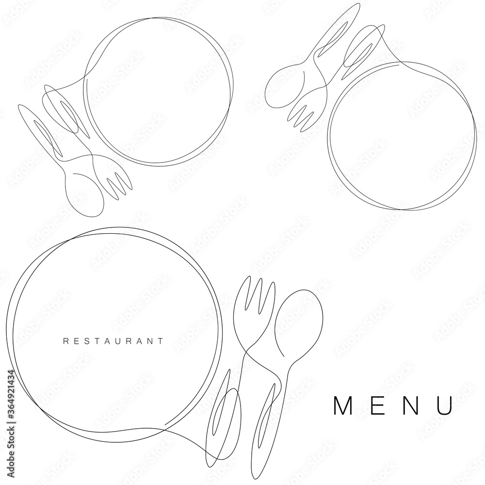Menu restaurant background. Plate, spoon and fork line drawing vector ...