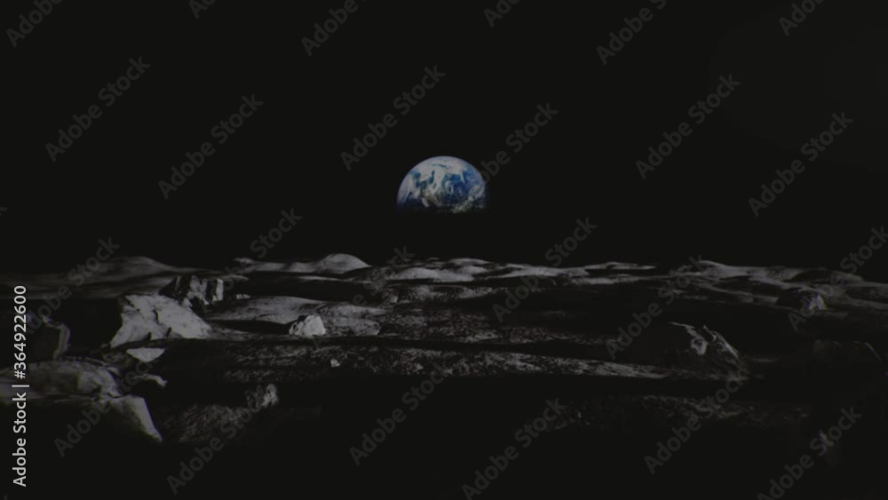 Moon panorama and earth view from the moon surface. Slow camera dolly ...