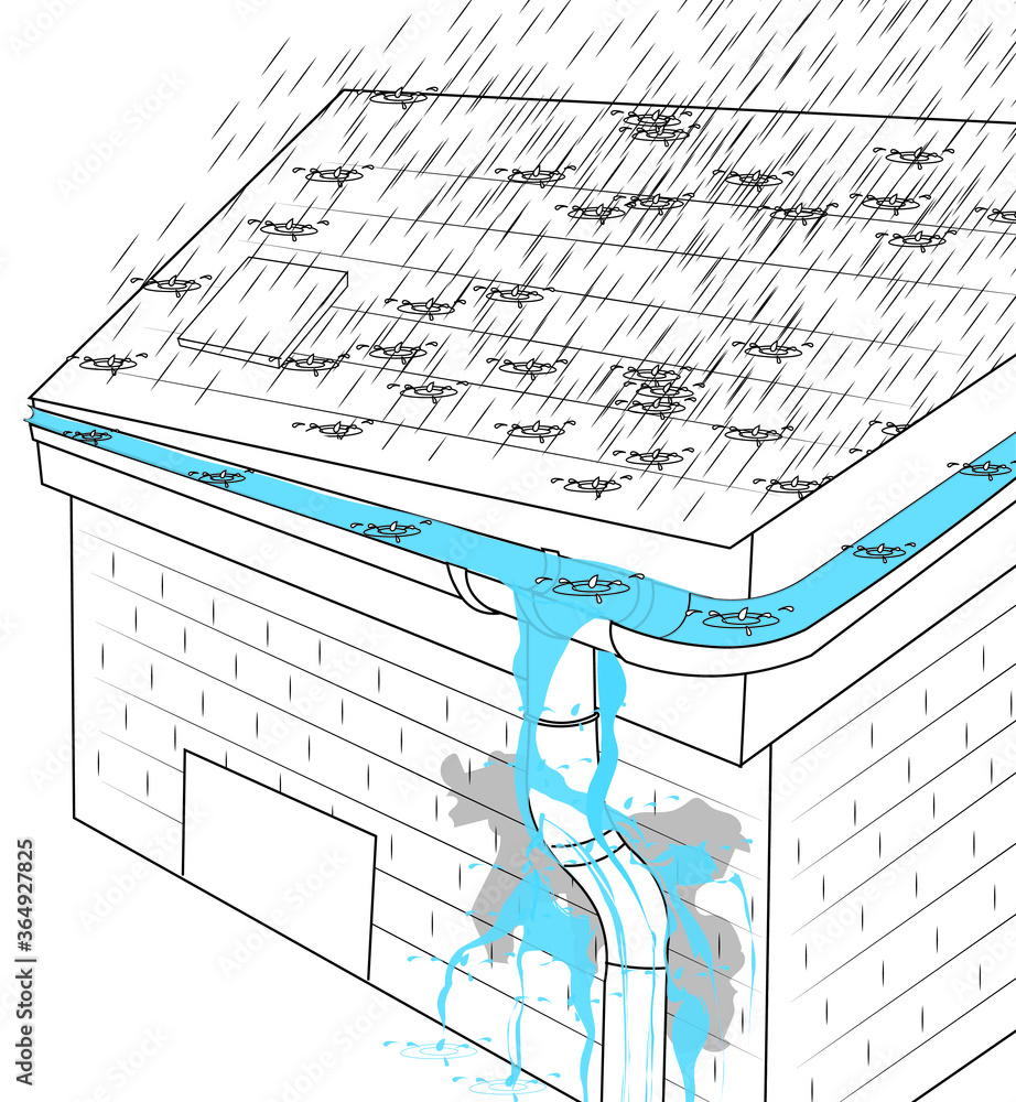 Overflow of rainwater due to heavy rainfall on the roof of a house ...