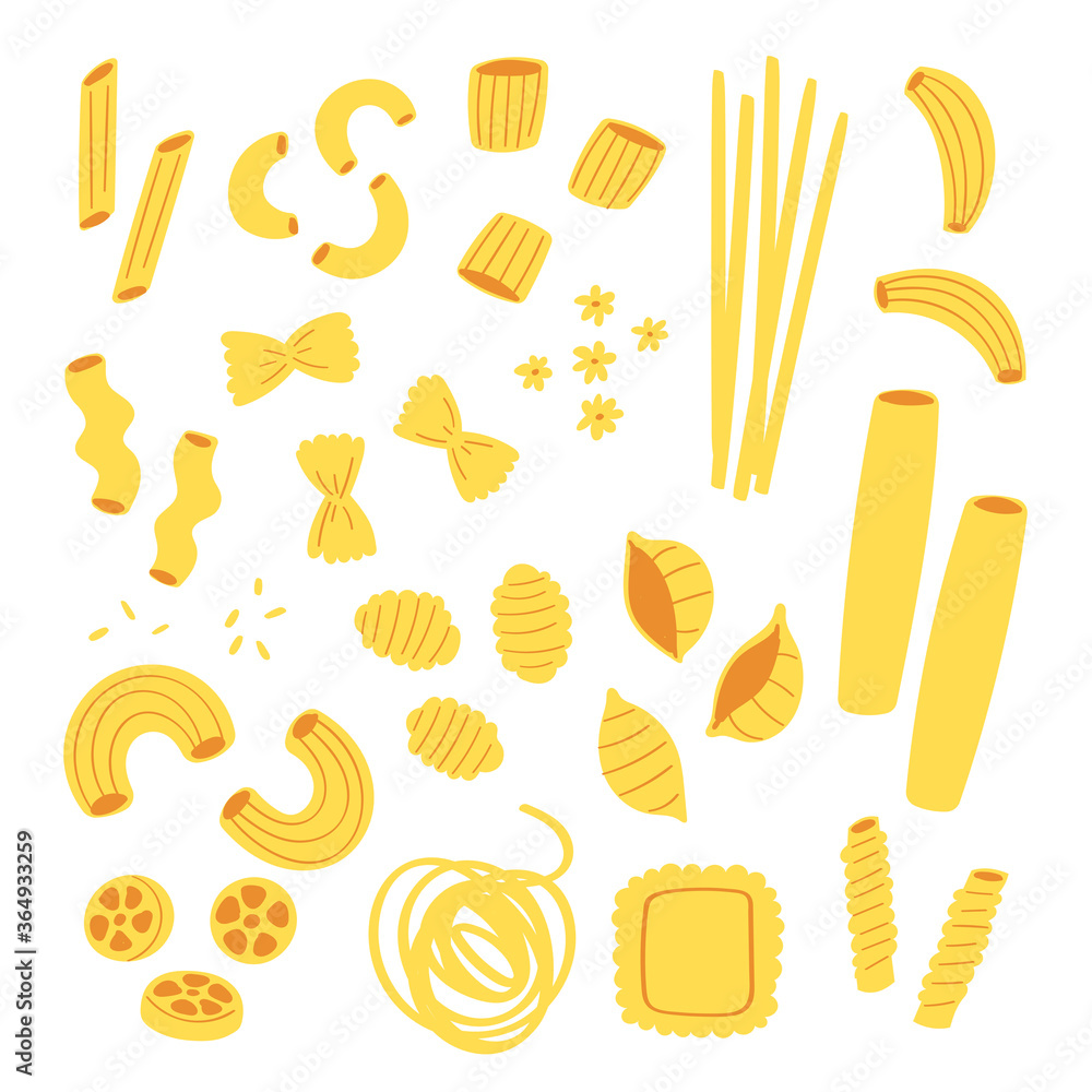 Vector illustration set of different types of pasta. Hand drawn ...