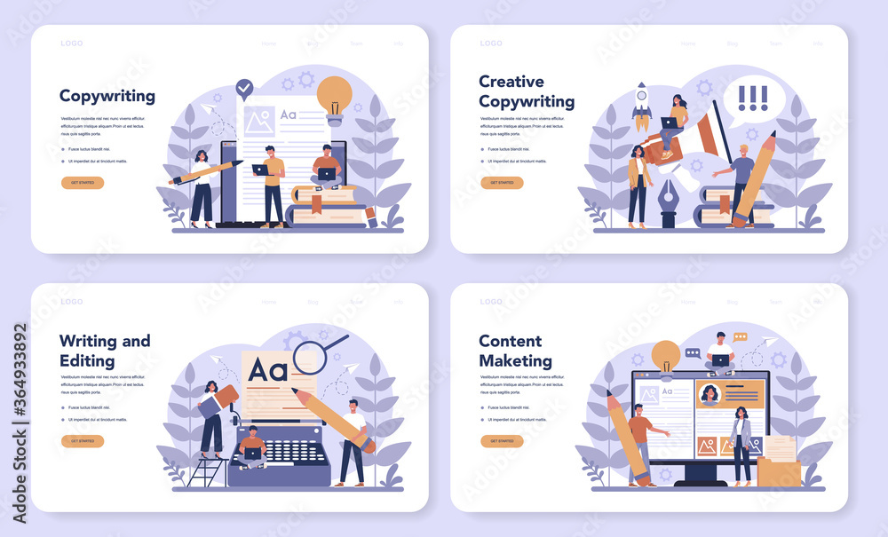 Vetor de Copywriter web banner or landing page set. Idea of writing ...