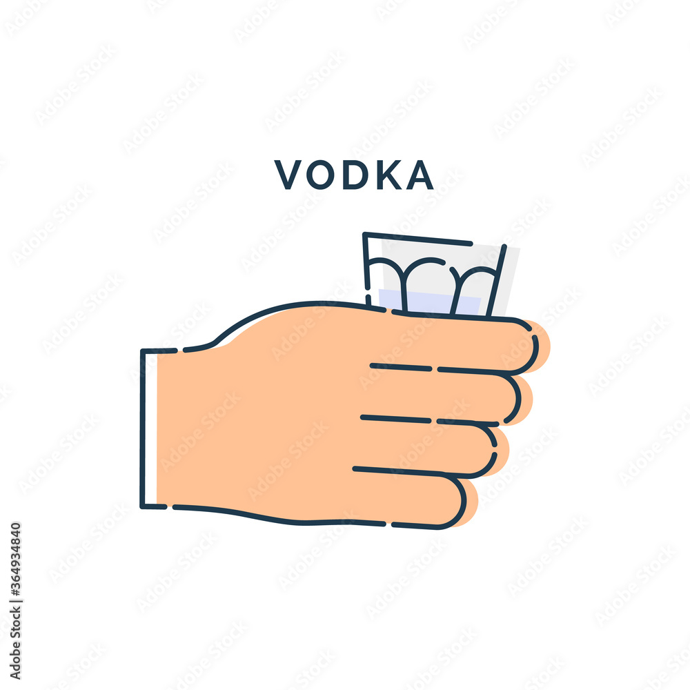 Male hand holding a glass of vodka. Line art design element on white ...