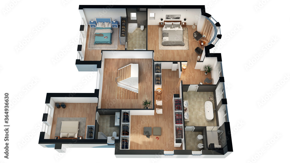 Floor plan of a house top view 3D illustration. Concept american luxury ...