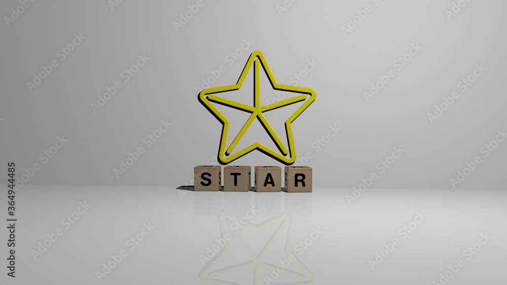 3D illustration of star graphics and text made by metallic dice letters ...