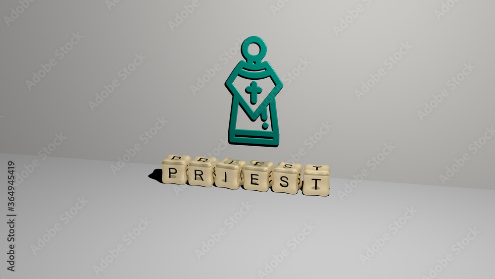 3D illustration of PRIEST graphics and text made by metallic dice ...