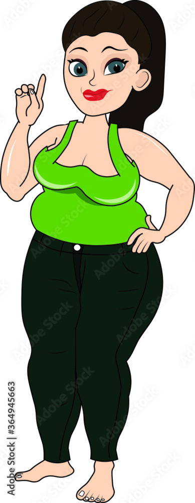 Wonderful fat woman pointing something above wearing green blouse and ...