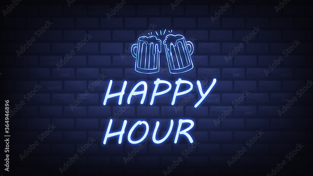 happy hour neon sign illustration use for landing page,website, poster ...