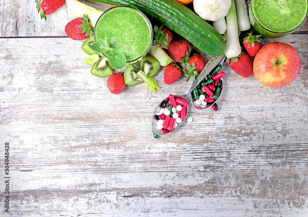 Healthy eating, eatin healthy food including supplements in diet ...