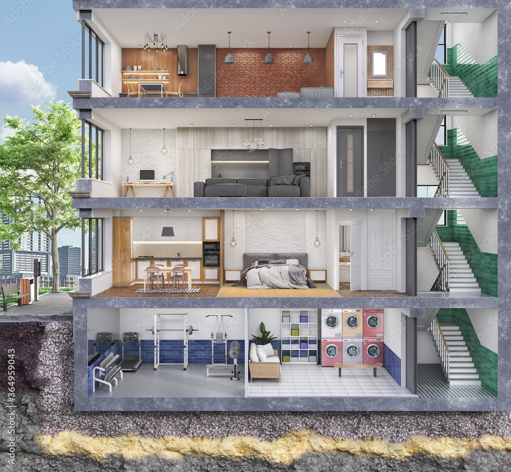 House cross section, view on bathroom, kitchen and living room, 3d ...