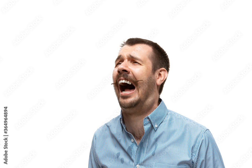 Pain, screaming. Young man with funny, unusual popular emotions and ...