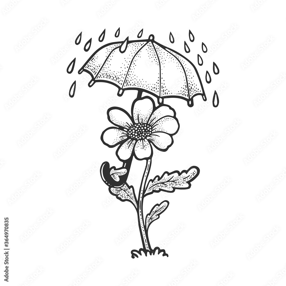 Cartoon flower with umbrella sketch engraving vector illustration. T ...