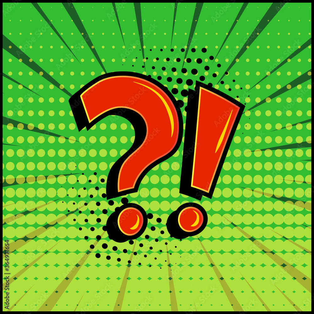 Comic question mark and exclamation point, red signs on green comic ...