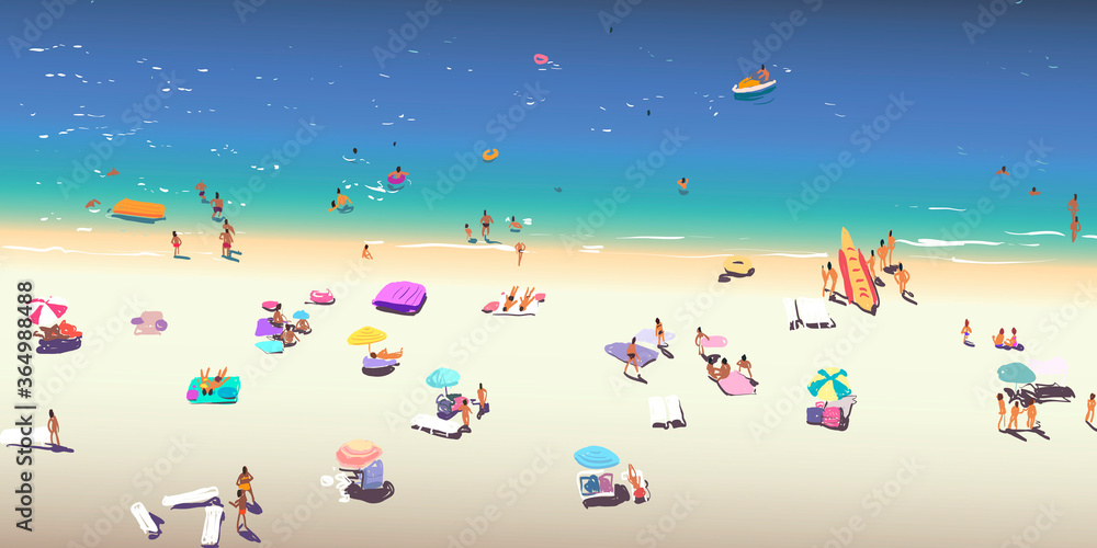 People relax on the sandy beach. Resort. Hand drawn sketch. Vector ...