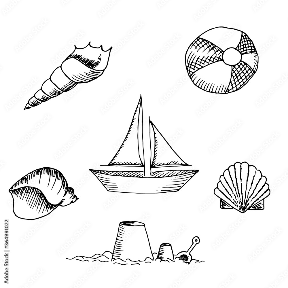 Set of children toys for playing on the beach. Seashell, inflatable ...