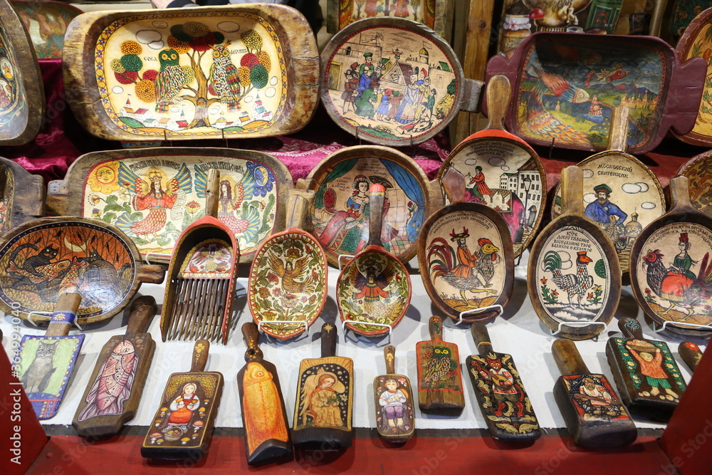 Ancient wooden ware on Izmaylovsky Vernissage, market in Moscow city ...