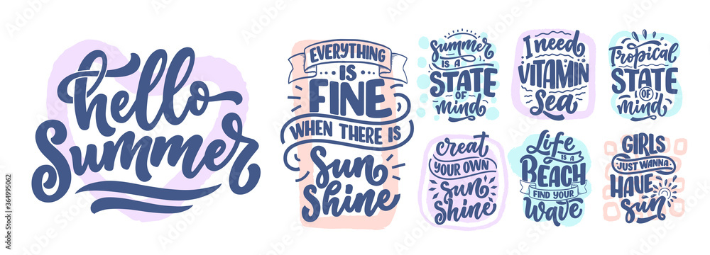 Set with hand drawn lettering compositions about Summer. Funny season ...