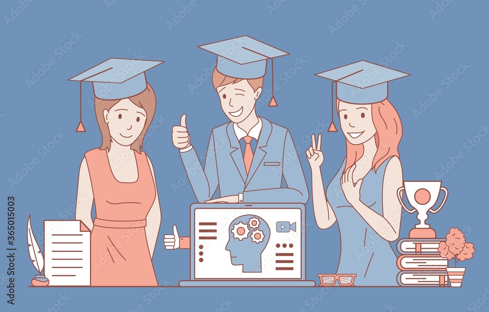 Happy smiling people in formal clothes and square academic caps vector ...