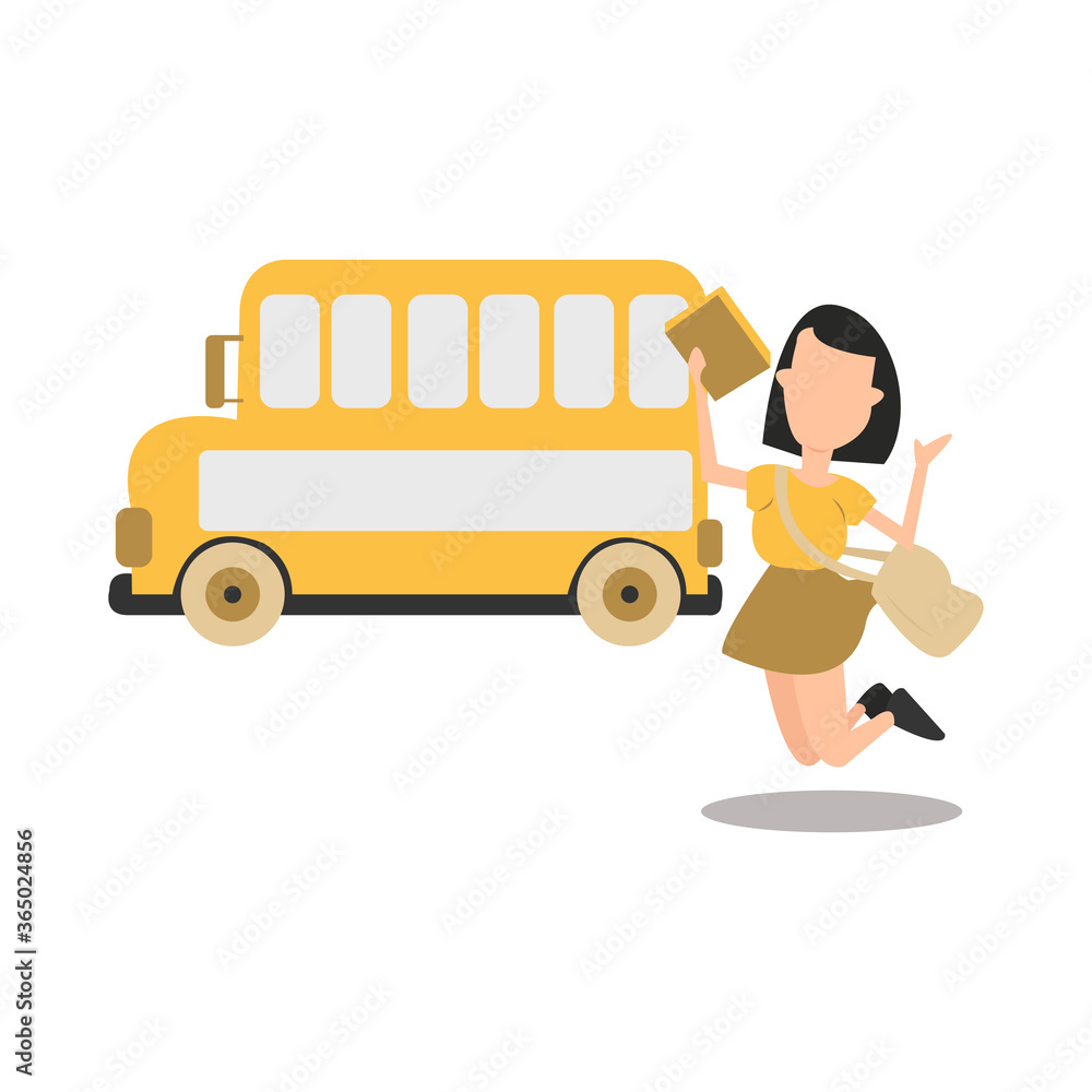 Happy little girl going to the school with a school bus Stock Vector ...