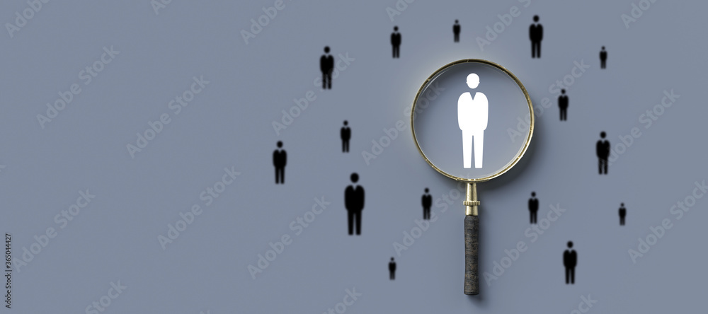 magnifying glass highlighting a person icon in a group of peoples on ...